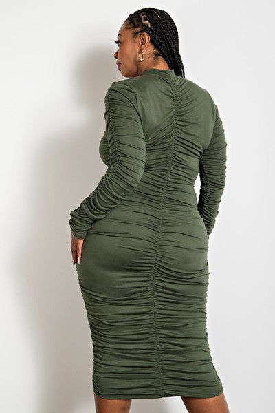 Plus Size Shirred Long Sleeve Dress- OLIVE – Ruby Red Glass Slipper ...